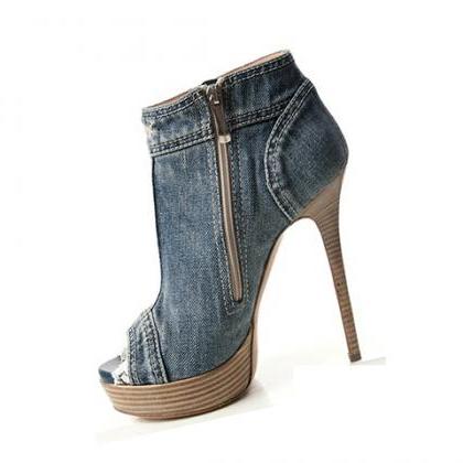 Denim Peep-toe Platform Stiletto Heel Pumps With Zipper on Luulla
